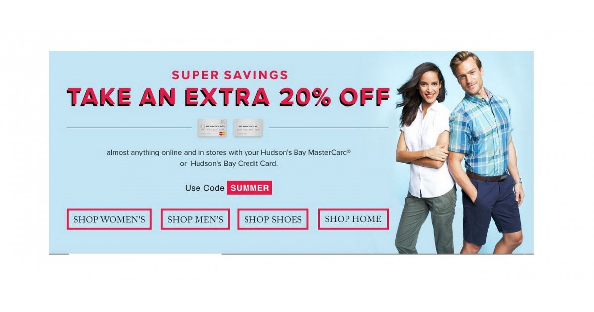 20% Off With HBC Credit Card or HBC Mastercard @ Hudson's Bay